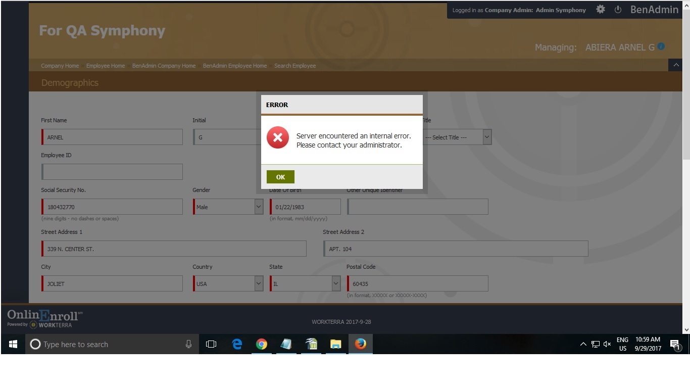 [WT-11258] Functional-Any company-EE Login-New Hire Mode-Demographics-Server Error - Workterra Jira